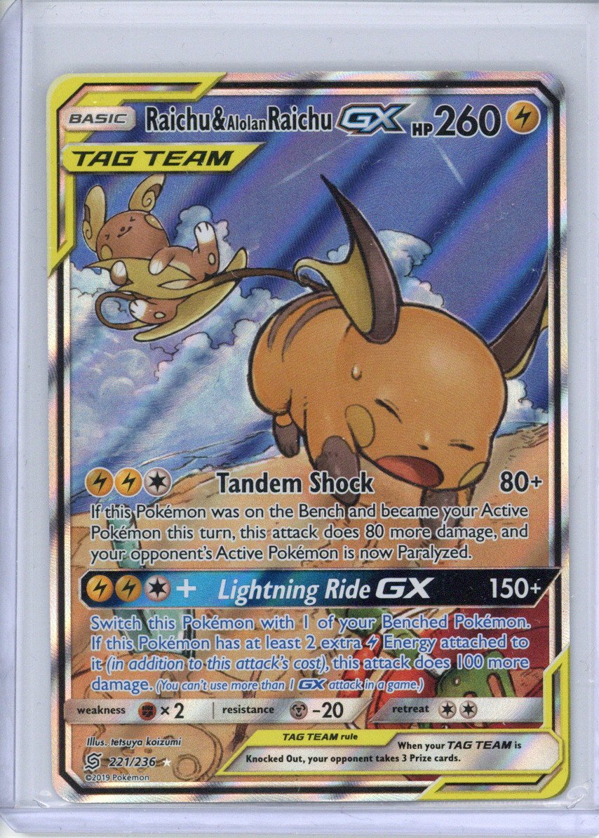 2019 Pokemon Unified Minds Raichu & Alolan Raichu Gx Tag Team 221/236 ...